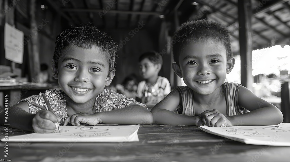 Happy children writing with joy in a rustic setting. Black and white ...
