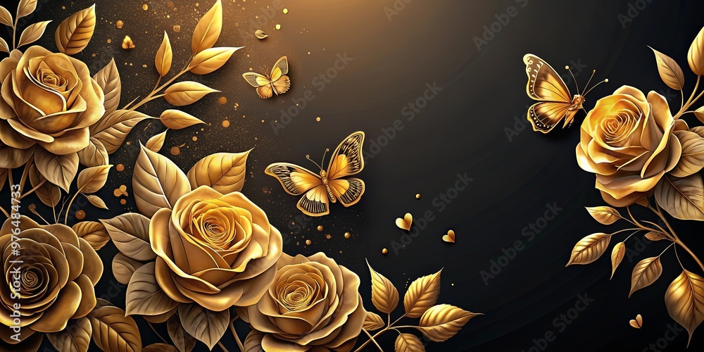 Golden roses painting on black background with butterfly in the sky and ...