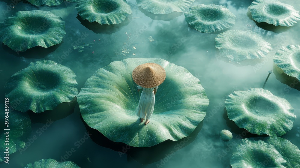 Mystical scene of a person in traditional attire standing on a giant ...