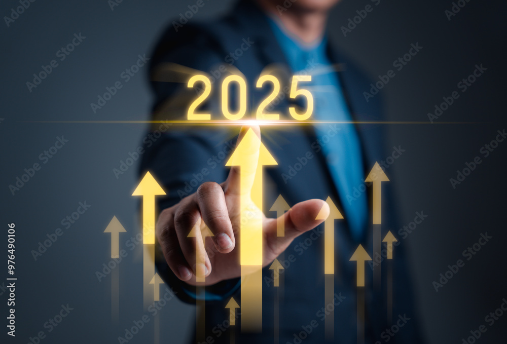 Happy new year 2025 hand touch on a virtual screen 2025. New Goals ...