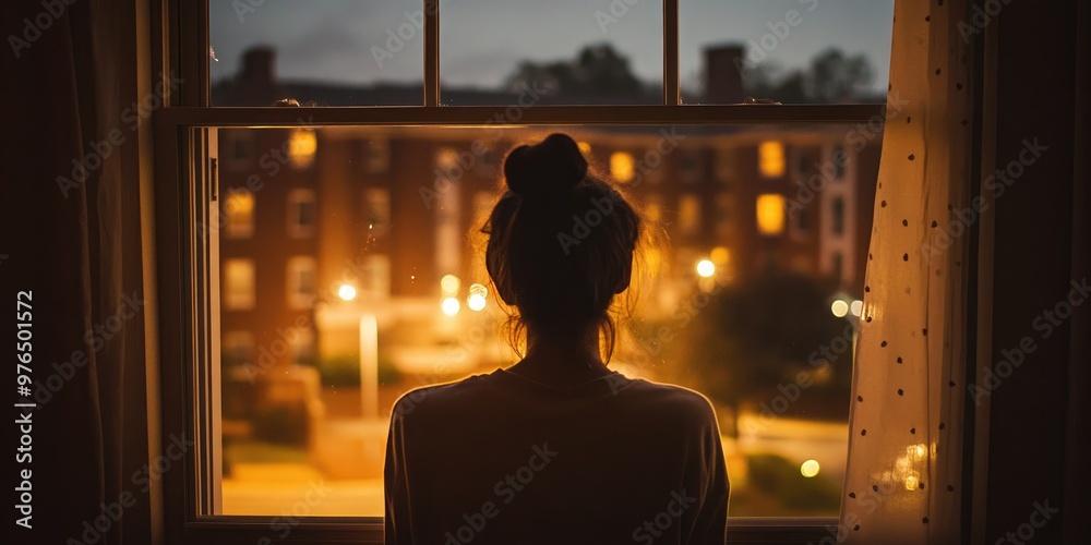 A student looking out the window of their dorm room on the first night ...