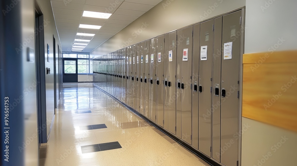 Neat and organized stack of school lockers in a well-lit hallway ...