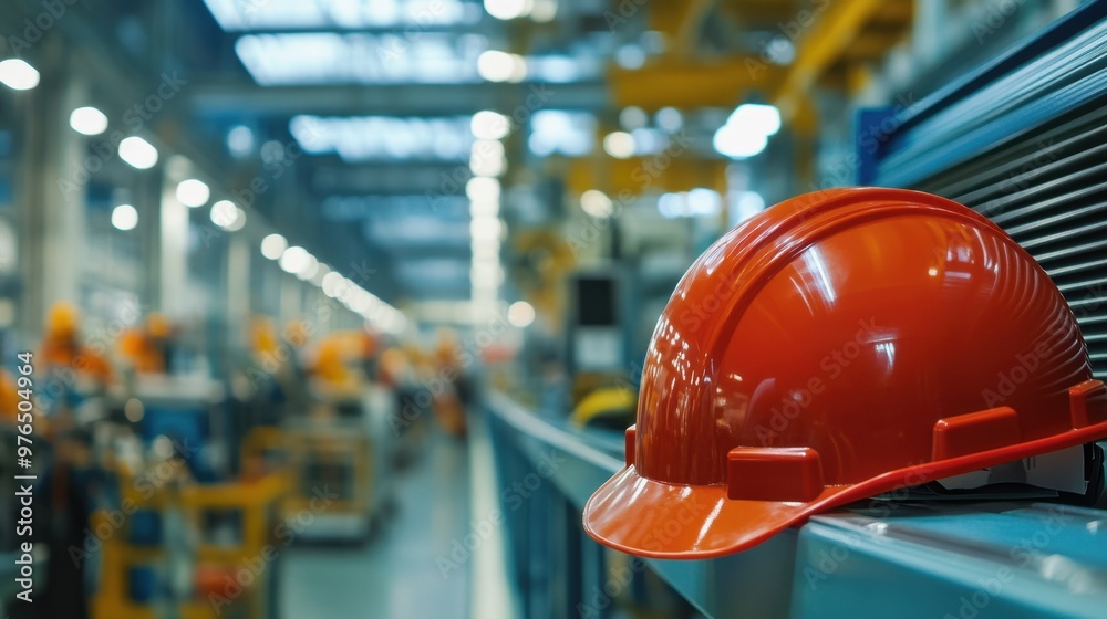 Safety gear in manufacturing plant highlighting helmets gloves and eye ...
