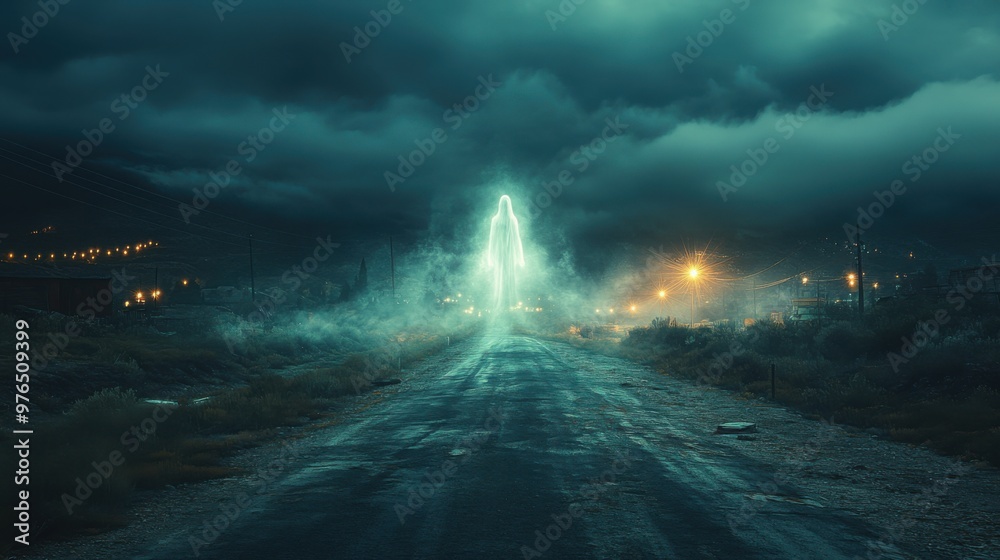 Eerie Ghostly Figure Floating Above Abandoned Highway at Midnight in ...
