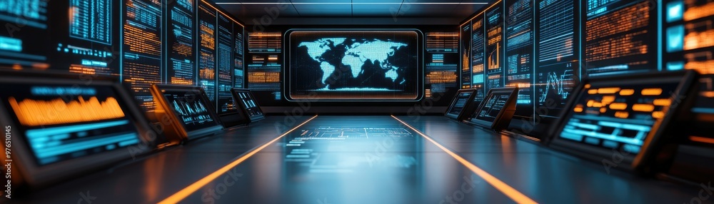 Futuristic control room with high-tech displays and global map, ideal for technology, business ...