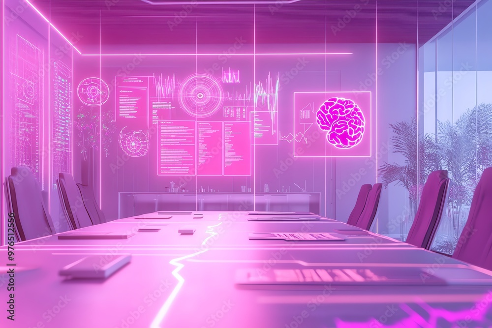 Futuristic conference room showcasing neon brain graphics and ...