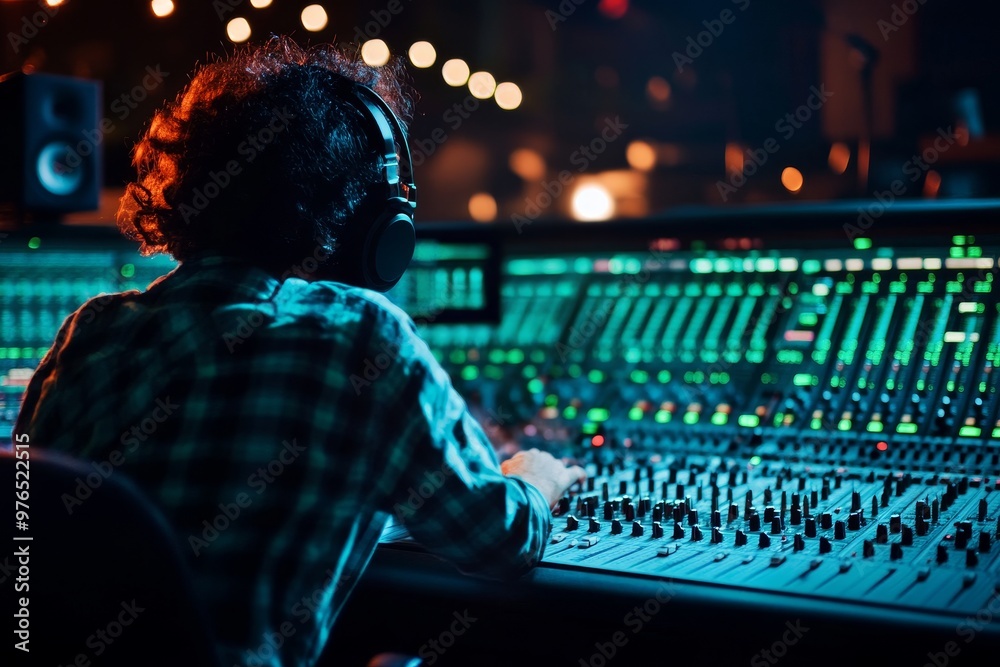 A professional audio engineer sits at a mixing console in a recording ...