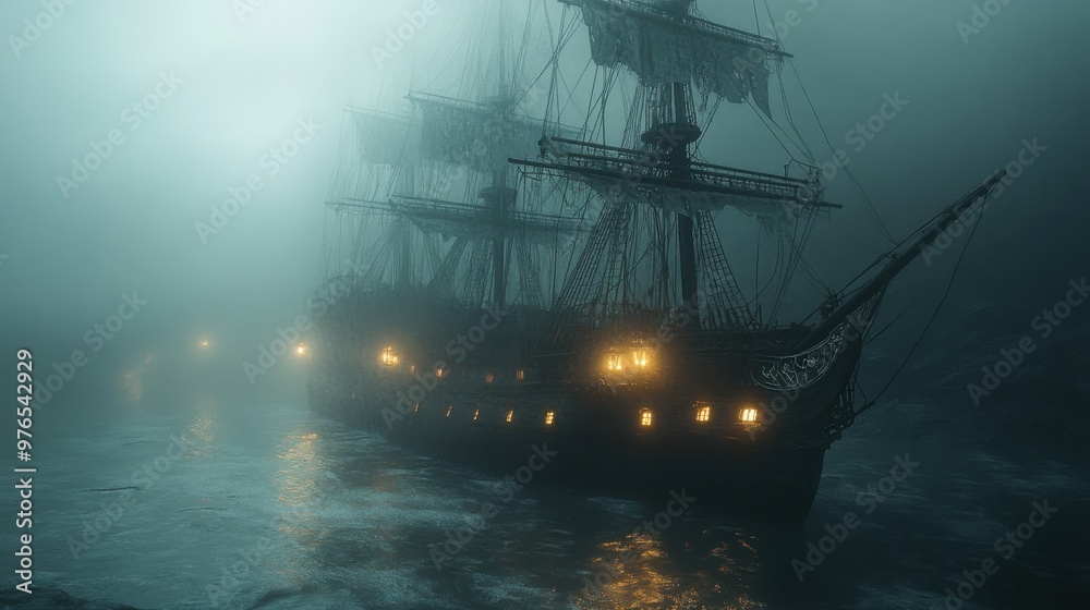 Haunting Ghostly Pirate Ship in Dense Fog with Glowing Lanterns ...