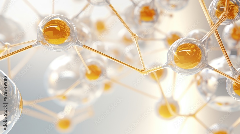 Abstract 3D rendering of a molecular structure with gold and clear ...