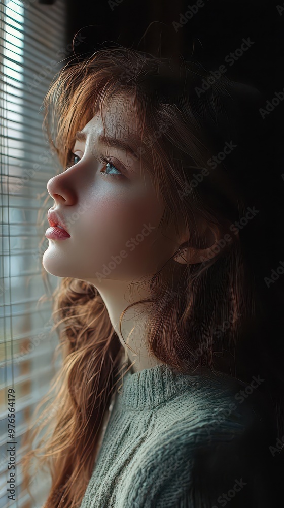 Teenage girl looking out the window, feeling heartbroken and anxious ...