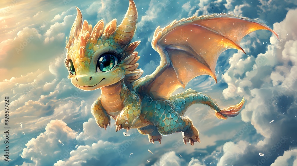 Chibi-style dragon with glossy, colorful scales, large expressive eyes ...