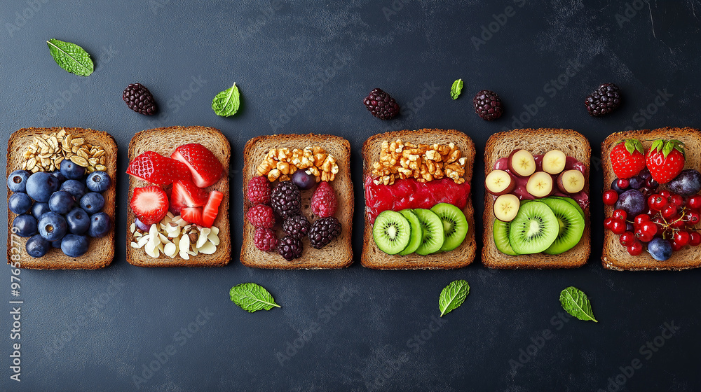 A row of six different kinds of bread topped with fruit and nuts. The ...