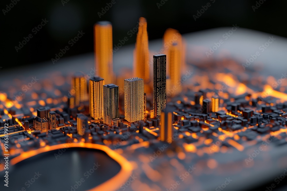 Augmented reality city map interactive 3D city view glowing holographic ...