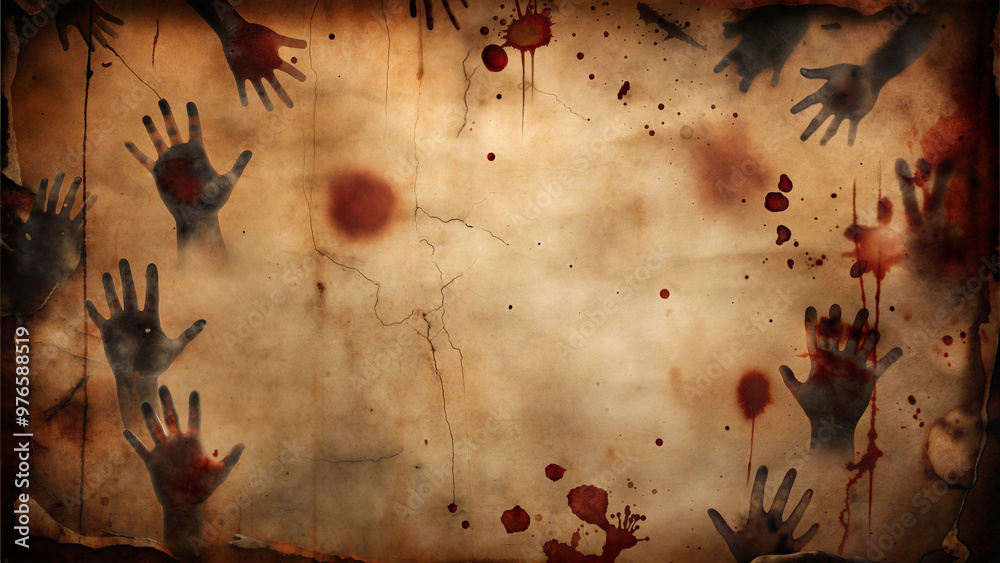 Creepy horror background with handprints and blood splatters on aged ...