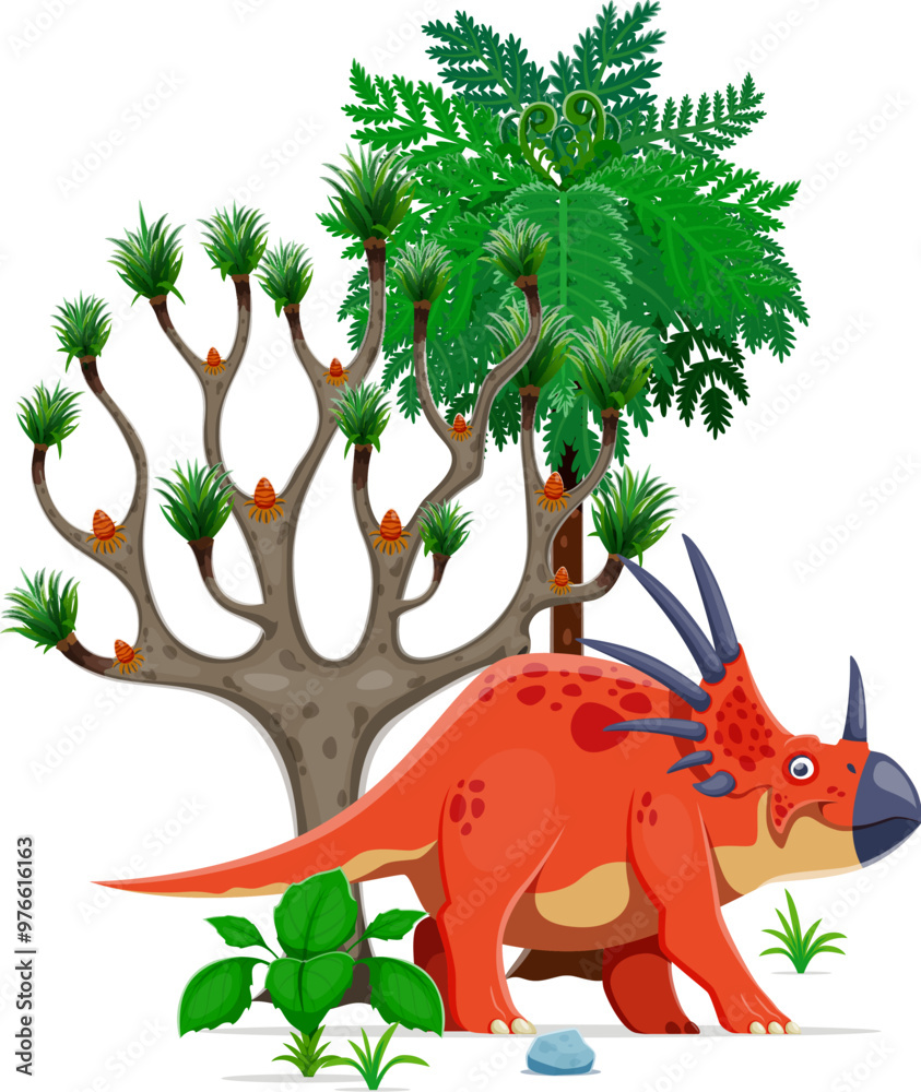 Cartoon dinosaur or prehistoric lizard Styracosaurus in Jurassic forest ...
