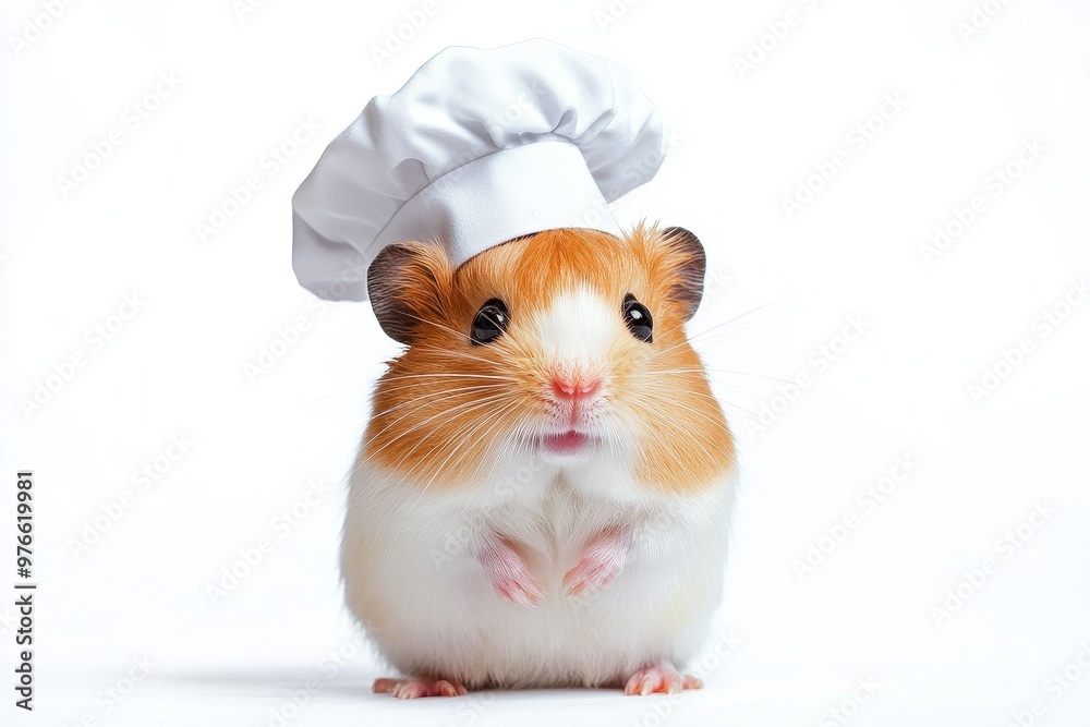 A cute hamster wearing a white chef hat, looking directly at the camera ...