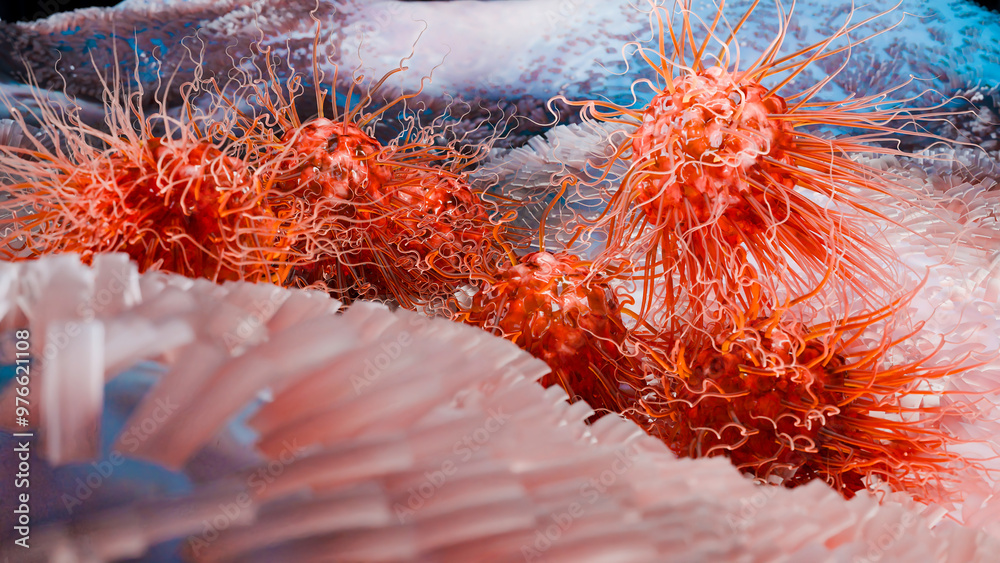 Peritrichous Bacteria with lot of flagellum, harmful bacillus with long ...
