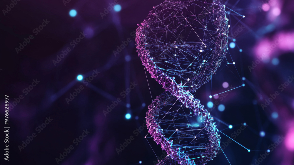 Low poly wireframe illustration of a brain and DNA spiral. Purple ...