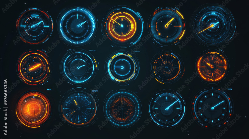 Smartwatch faces with mechanical clock-inspired bezels. Displays a ...
