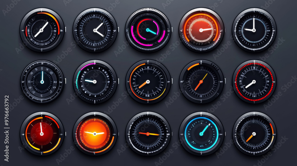 Smartwatch faces with mechanical clock-inspired bezels. Displays a ...