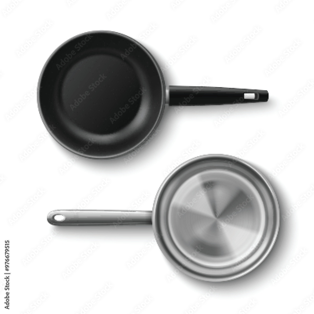 3d realistic stainless kitchen pan with handle. Steel cooking object to ...