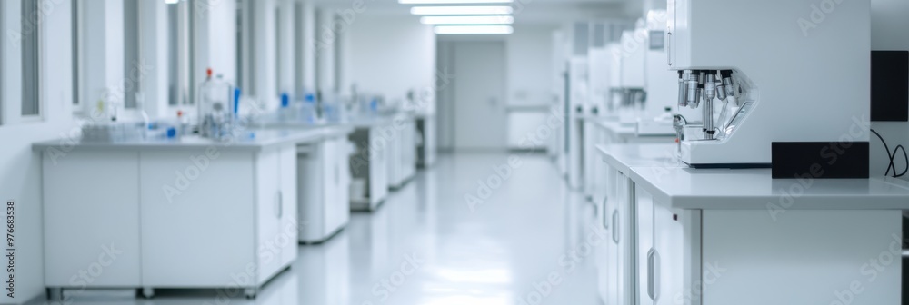 A pristine white laboratory with modern equipment and empty ...