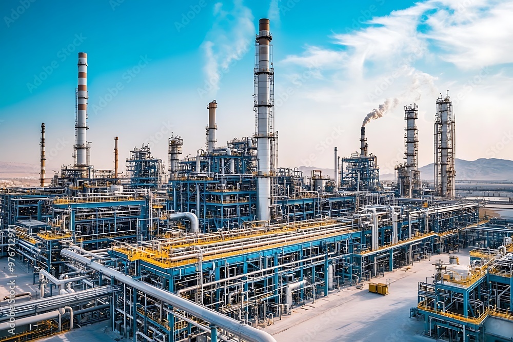 Saudi Arabian oil refinery factories with pipelines and storage tanks, emphasizing large-scale ...