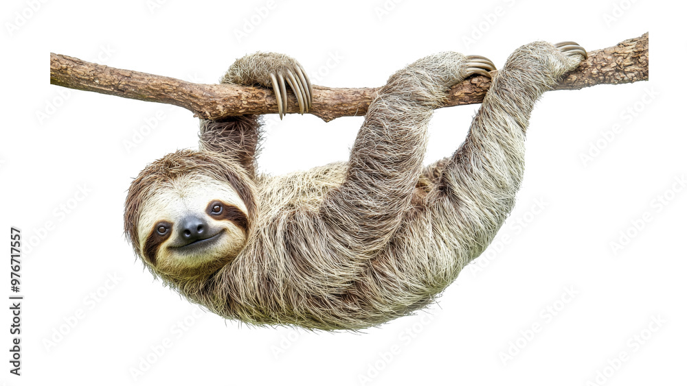 Sleepy sloth hanging from a branch, isolate isolated on transparent ...