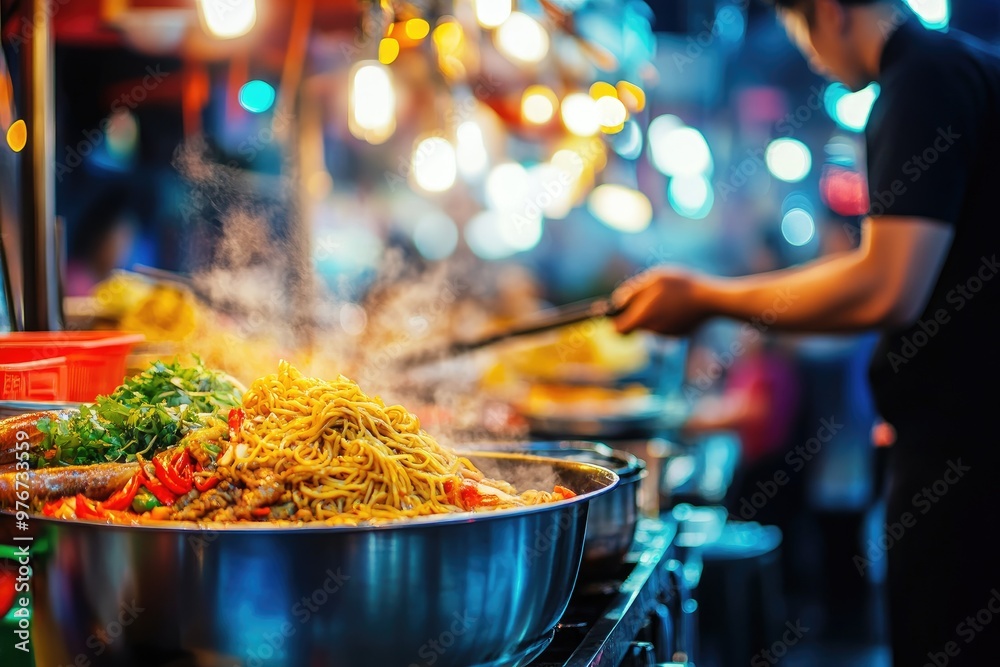 Vibrant Night Market Scene with Chef Stirring Noodles in Wok, Neon ...