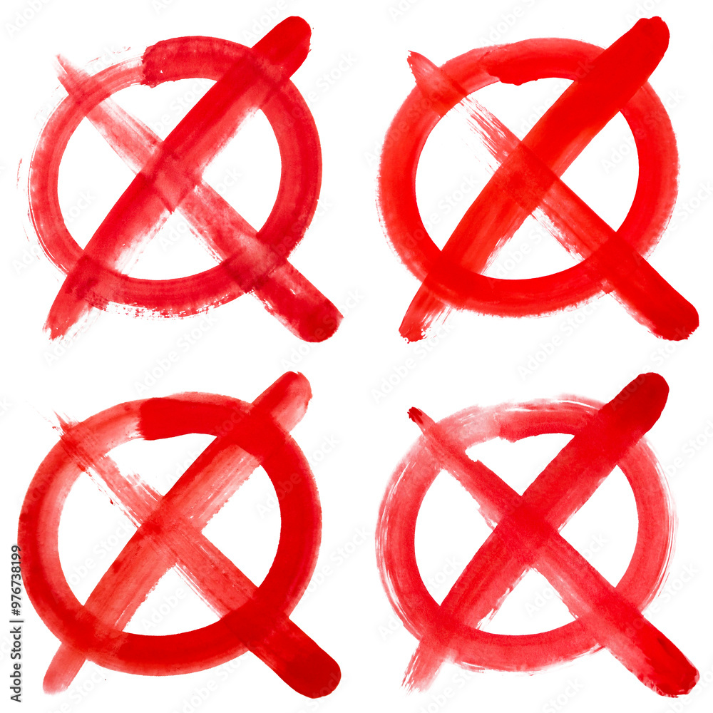 Bold hand painted red X cross mark inside a circle rough brush strokes ...