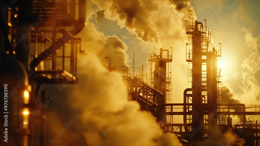 Dynamic image of a bustling chemical plant at sunset, emphasizing the ...