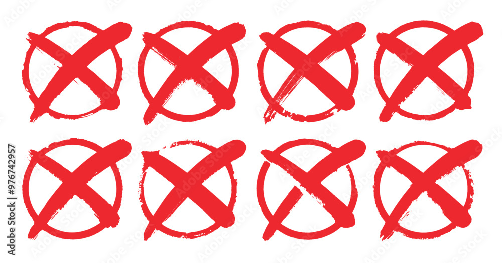 Bold hand painted red X cross mark inside a circle rough brush strokes ...