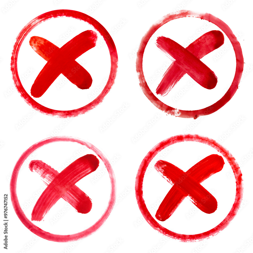 Bold hand painted red X cross mark inside a circle rough brush strokes ...