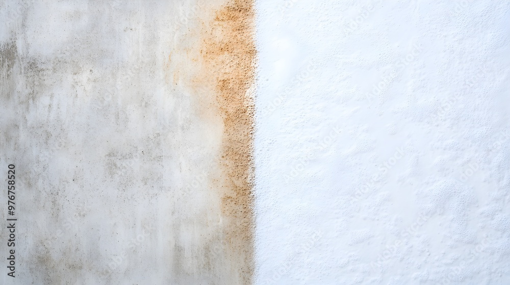 Half-dirty, half-clean wall with water spray from a pressure washer ...