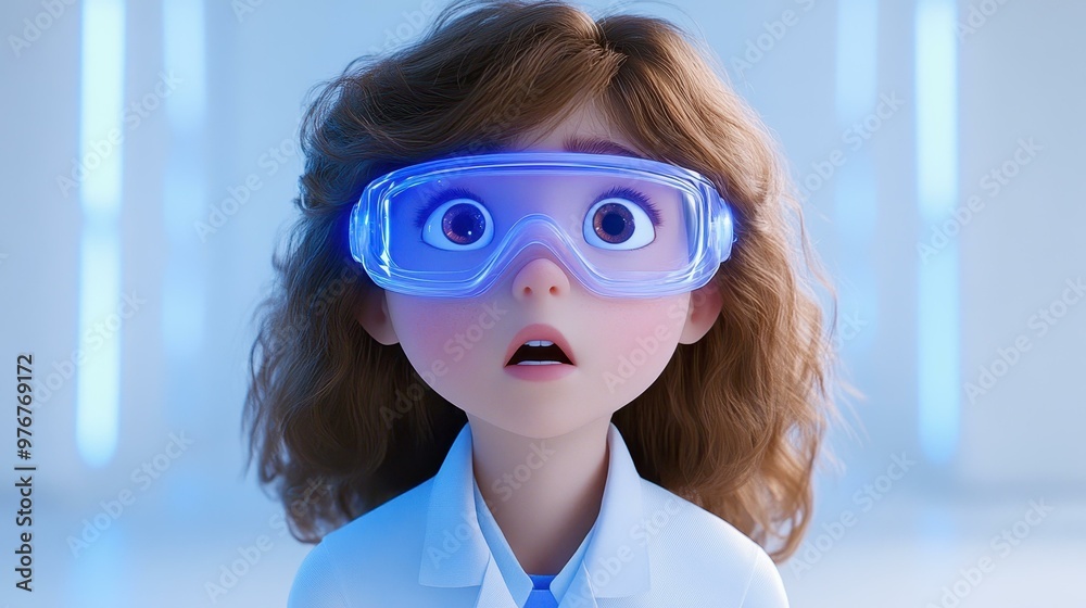Young tech wizard with wavy brown hair shines in her lab coat and ...