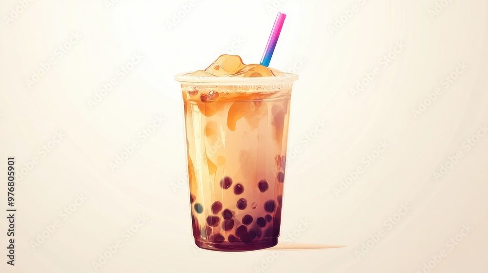 A cold bubble tea in a plastic cup, complete with chewy tapioca pearls ...