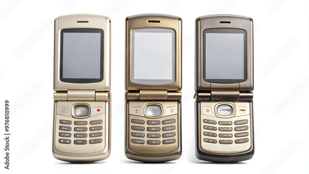 Three vintage flip cell phones with blank screens isolated on white ...