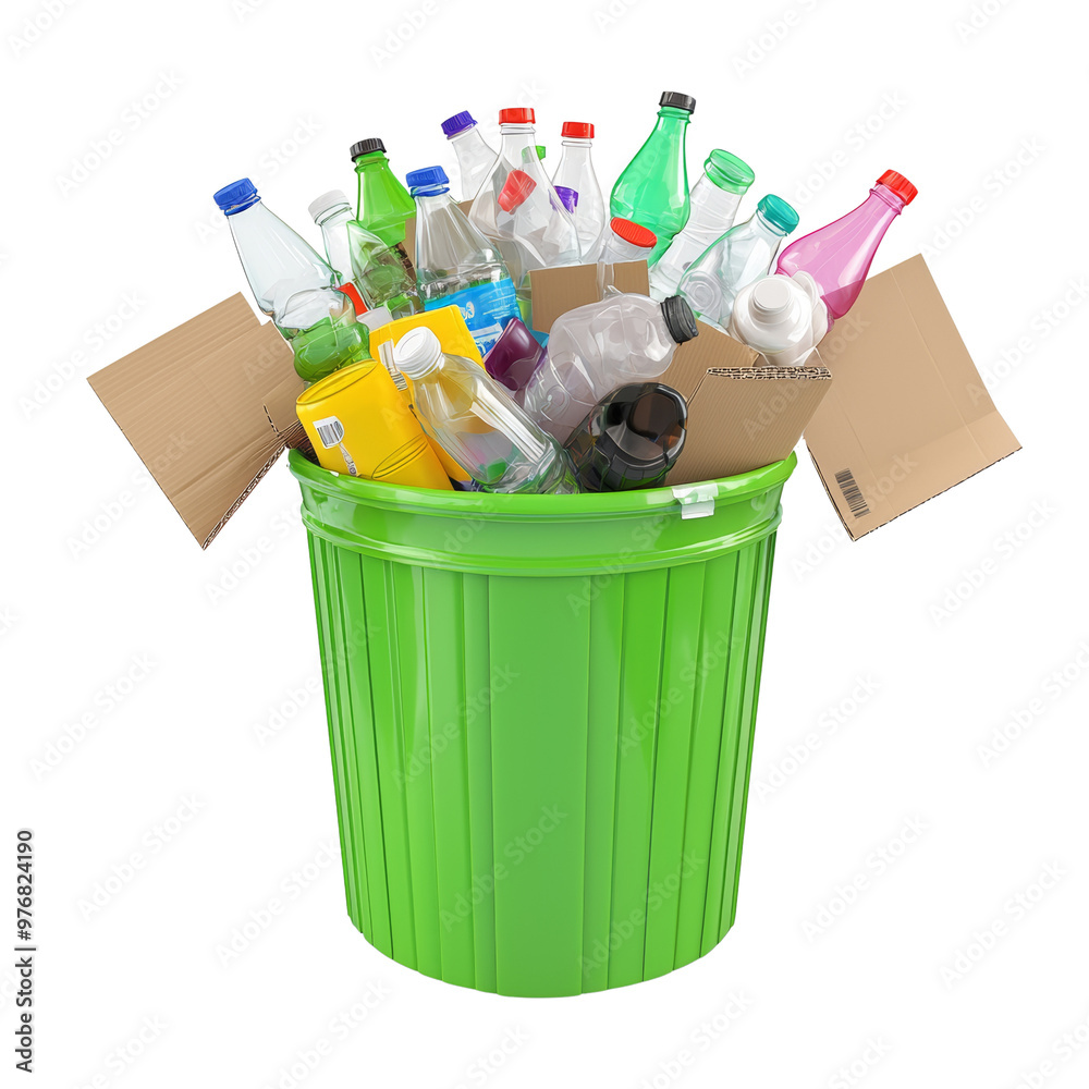 Overflowing green dumpster filled with plastic bottles and cardboard ...