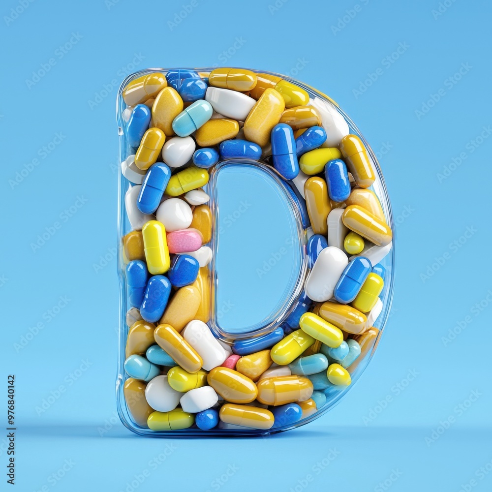 Colorful capsule letters form the letter 'D', representing health ...