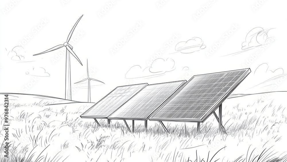 Hand drawn sketch of solar panels and wind turbines representing ...