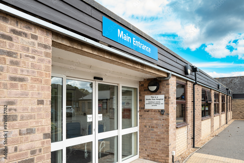 Main entrance to a typical NHS hospital outpatients department. Showing ...