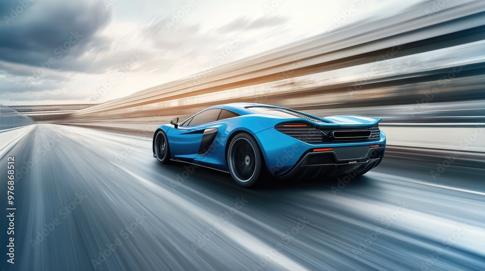 Rear view of a blue sports car speeding down the highway, motion blur ...