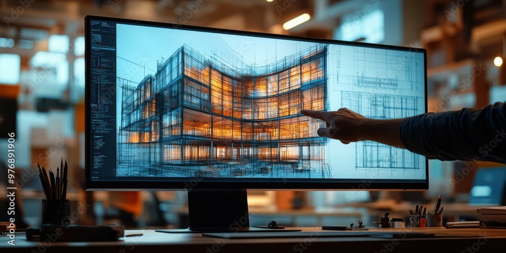 A close-up, realistic view of an architect hand pointing to a CAD ...