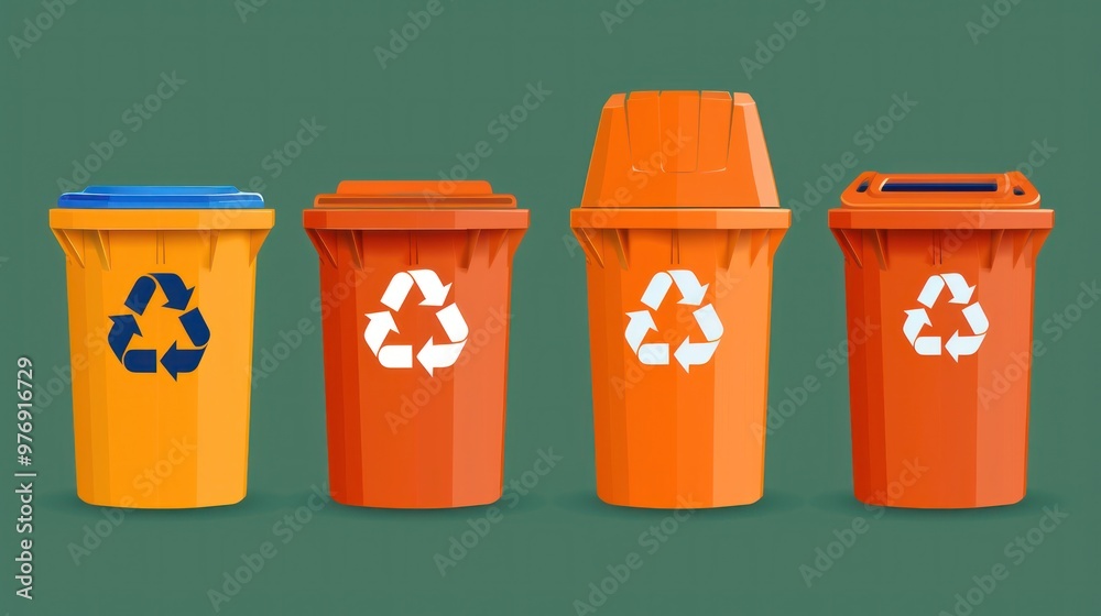 Open and closed orange trash bins with recycle symbols, flat style ...