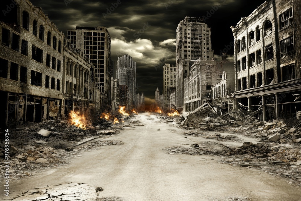 Ruined abandoned city after war battle attack. War-damaged buildings ...