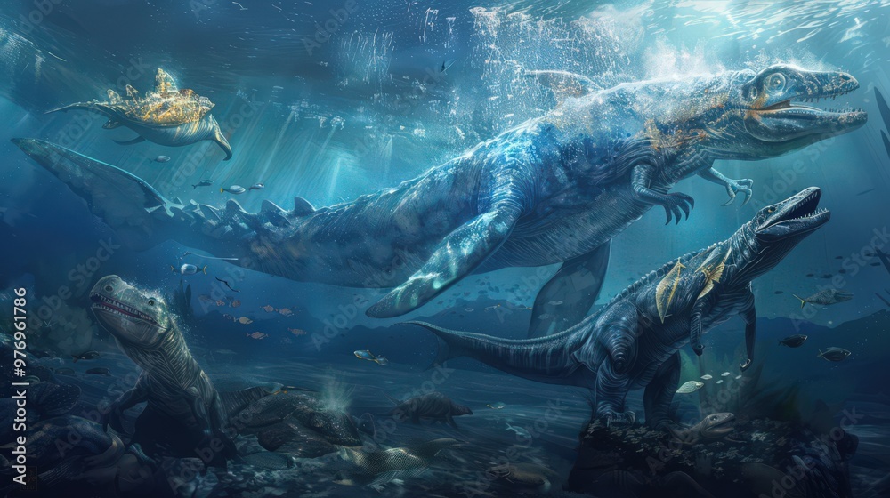 Artistic representation of ancient marine life, showing reconstructed ...