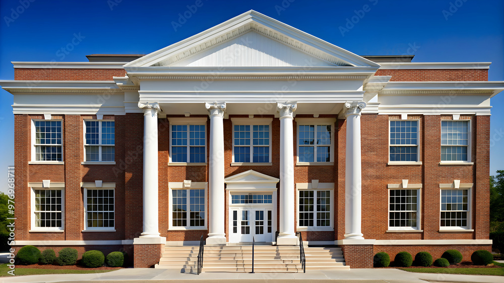 Exterior of American school building with brick facade and white ...