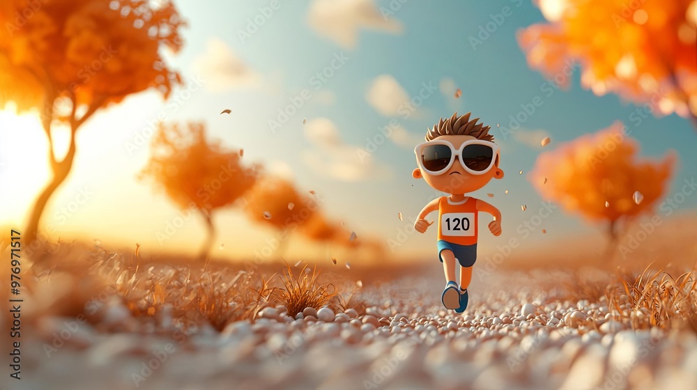 3D cartoon runner struggling but pushing forward through a windy race ...