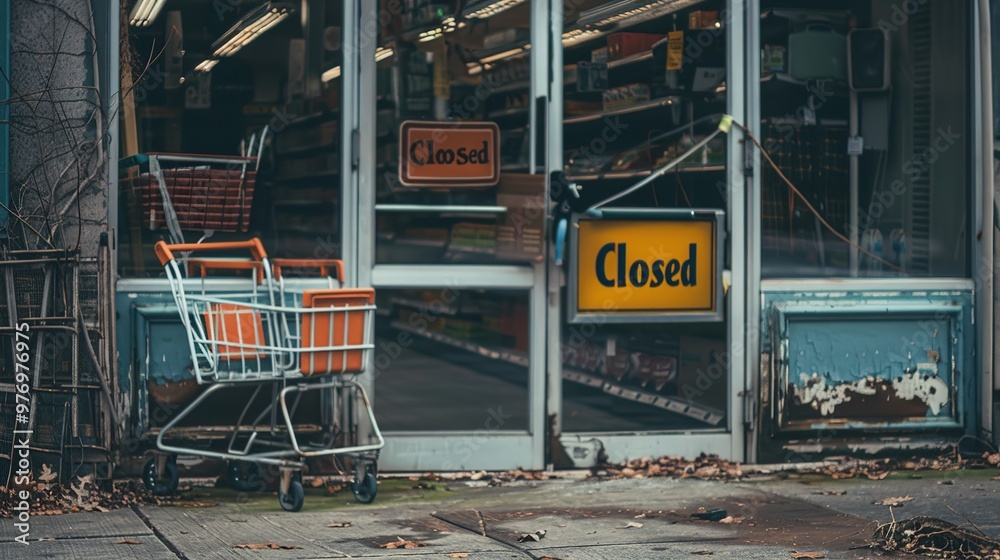 A boarded-up storefront displaying a prominent "Closed" sign, with ...