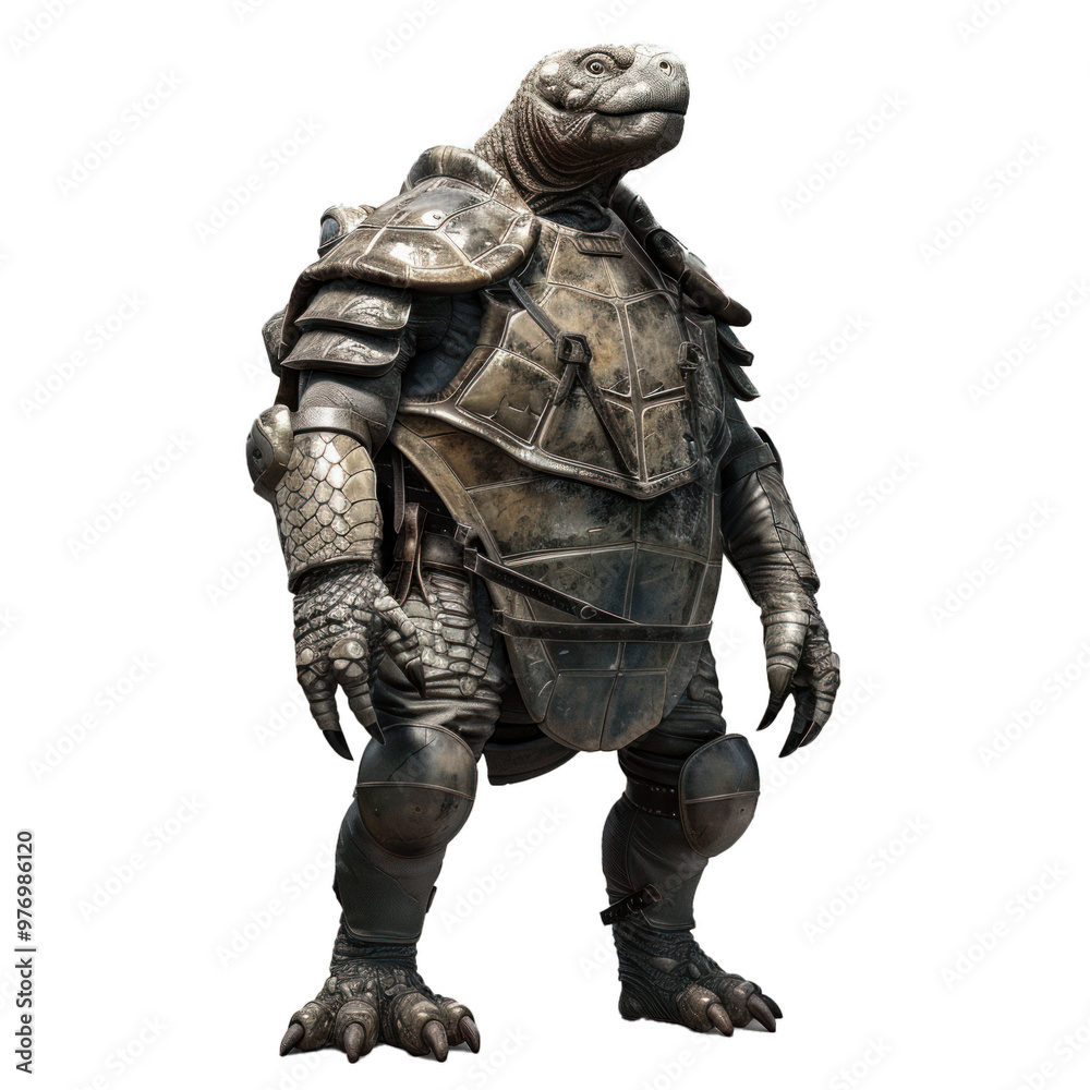 Powerful tortoise warrior wearing full body armor, standing guard and ...